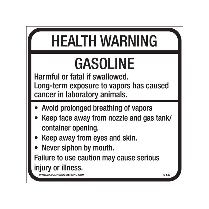 D-630 Health Warning & Safety Decal - HEALTH WARNING... | Gasoline ...