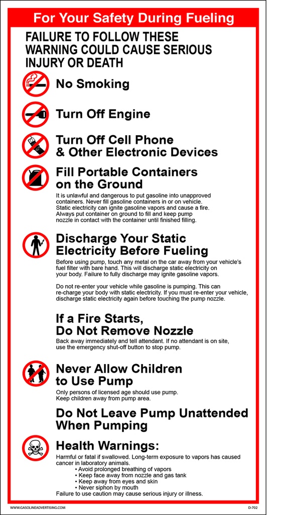 D-702 Health Warning & Safety Decal - FOR YOUR SAFETY... | Gasoline ...